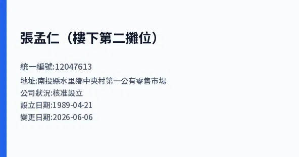 張孟仁(樓下第二攤位)的照片-統編 12047613(南投縣) 公司登記資料與營業項目詳細圖表