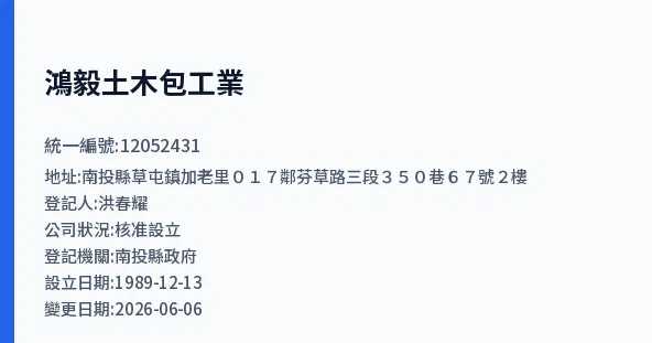 鴻毅土木包工業的照片-統編 12052431(南投縣) 公司登記資料與營業項目詳細圖表
