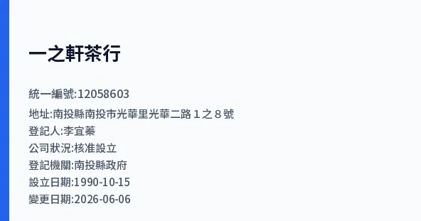 一之軒茶行的照片-統編 12058603(南投縣) 公司登記資料與營業項目詳細圖表