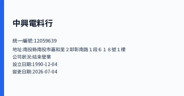 中興電料行的照片-統編 12059639(南投縣) 公司登記資料與營業項目詳細圖表