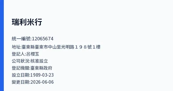 瑞利米行的照片-統編 12065674(臺東縣) 公司登記資料與營業項目詳細圖表