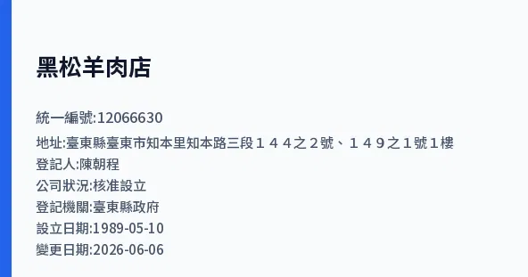 黑松羊肉店的照片-統編 12066630(臺東縣) 公司登記資料與營業項目詳細圖表