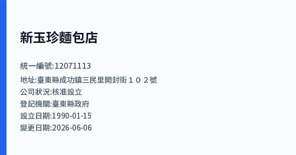 新玉珍麵包店的照片-統編 12071113(臺東縣) 公司登記資料與營業項目詳細圖表