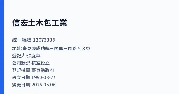 信宏土木包工業的照片-統編 12073338(臺東縣) 公司登記資料與營業項目詳細圖表