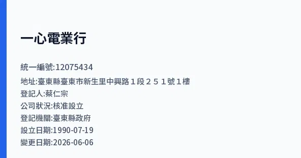 一心電業行的照片-統編 12075434(臺東縣) 公司登記資料與營業項目詳細圖表