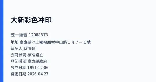 大新彩色冲印的照片-統編 12088873(臺東縣) 公司登記資料與營業項目詳細圖表