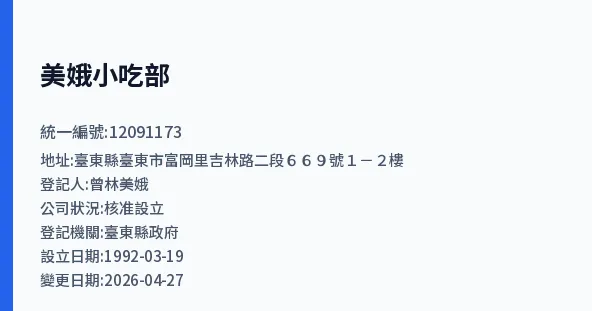 美娥小吃部的照片-統編 12091173(臺東縣) 公司登記資料與營業項目詳細圖表