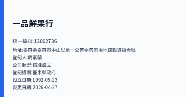 一品鮮果行的照片-統編 12092736(臺東縣) 公司登記資料與營業項目詳細圖表
