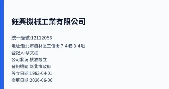 鈺興機械工業有限公司的照片-統編 12112058(新北市) 公司登記資料與營業項目詳細圖表