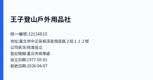 王子登山戶外用品社的照片-統編 12116815(臺北市) 公司登記資料與營業項目詳細圖表