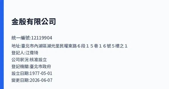 金殷有限公司的照片-統編 12119904(臺北市) 公司登記資料與營業項目詳細圖表
