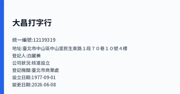 大昌打字行的照片-統編 12139319(臺北市) 公司登記資料與營業項目詳細圖表