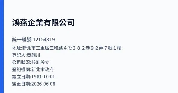 鴻燕企業有限公司的照片-統編 12154319(新北市) 公司登記資料與營業項目詳細圖表