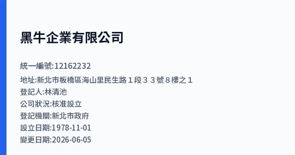 黑牛企業有限公司的照片-統編 12162232(新北市) 公司登記資料與營業項目詳細圖表