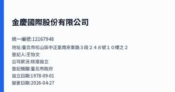 金慶國際股份有限公司的照片-統編 12167948(臺北市) 公司登記資料與營業項目詳細圖表