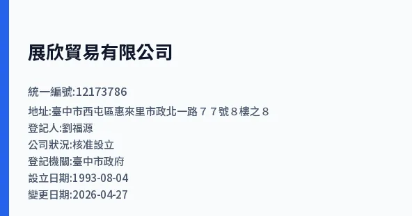 展欣貿易有限公司的照片-統編 12173786(臺中市) 公司登記資料與營業項目詳細圖表