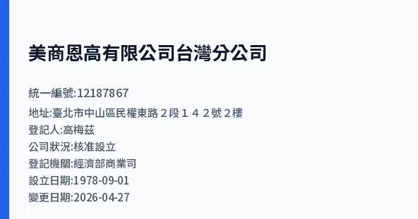 美商恩高有限公司台灣分公司的照片-統編 12187867(臺北市) 公司登記資料與營業項目詳細圖表