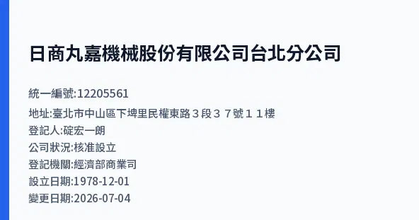 日商丸嘉機械股份有限公司台北分公司的照片-統編 12205561(臺北市) 公司登記資料與營業項目詳細圖表