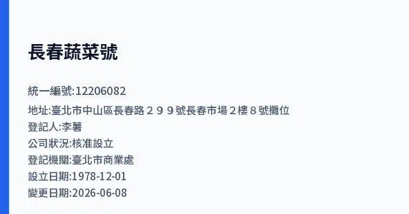 長春蔬菜號的照片-統編 12206082(臺北市) 公司登記資料與營業項目詳細圖表