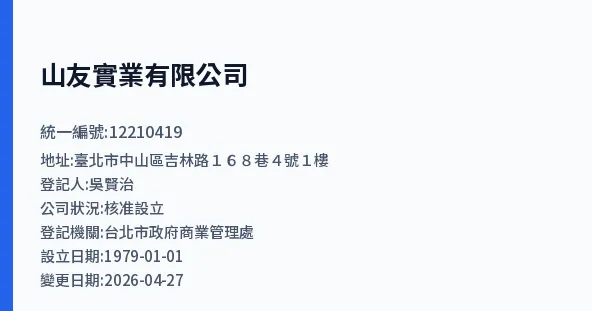 山友實業有限公司的照片-統編 12210419(臺北市) 公司登記資料與營業項目詳細圖表