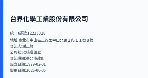台界化學工業股份有限公司的照片-統編 12213318(臺北市) 公司登記資料與營業項目詳細圖表
