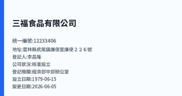 三福食品有限公司的照片-統編 12233406(雲林縣) 公司登記資料與營業項目詳細圖表