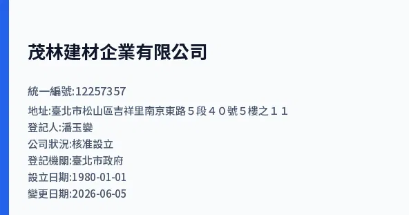 茂林建材企業有限公司的照片-統編 12257357(臺北市) 公司登記資料與營業項目詳細圖表