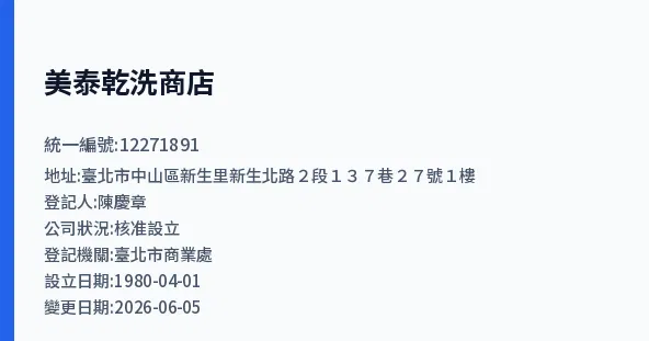美泰乾洗商店的照片-統編 12271891(臺北市) 公司登記資料與營業項目詳細圖表