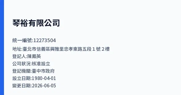 琴裕有限公司的照片-統編 12273504(臺北市) 公司登記資料與營業項目詳細圖表
