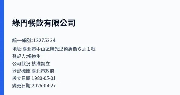 綠門餐飲有限公司的照片-統編 12275334(臺北市) 公司登記資料與營業項目詳細圖表