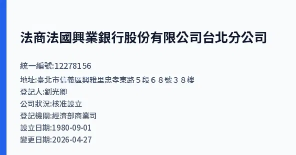 法商法國興業銀行股份有限公司台北分公司的照片-統編 12278156(臺北市) 公司登記資料與營業項目詳細圖表