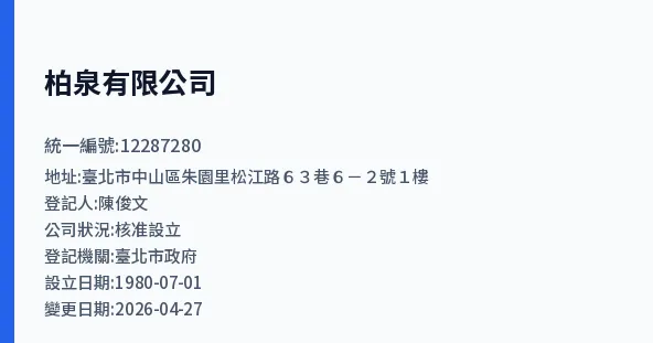 柏泉有限公司的照片-統編 12287280(臺北市) 公司登記資料與營業項目詳細圖表