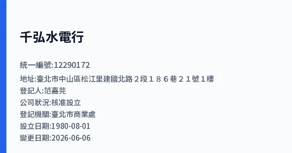 千弘水電行的照片-統編 12290172(臺北市) 公司登記資料與營業項目詳細圖表