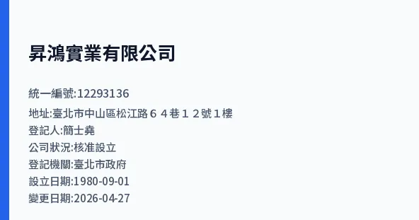 昇鴻實業有限公司的照片-統編 12293136(臺北市) 公司登記資料與營業項目詳細圖表
