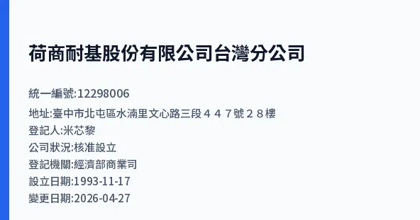 荷商耐基股份有限公司台灣分公司的照片-統編 12298006(臺中市) 公司登記資料與營業項目詳細圖表
