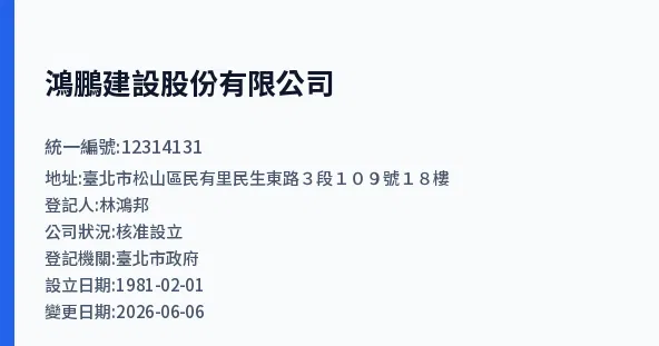 鴻鵬建設股份有限公司的照片-統編 12314131(臺北市) 公司登記資料與營業項目詳細圖表