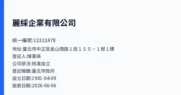 麗綵企業有限公司的照片-統編 12322478(臺北市) 公司登記資料與營業項目詳細圖表