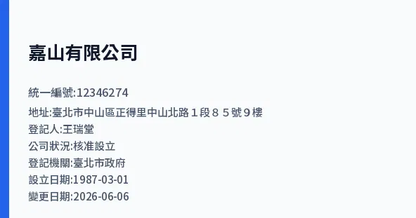 嘉山有限公司的照片-統編 12346274(臺北市) 公司登記資料與營業項目詳細圖表