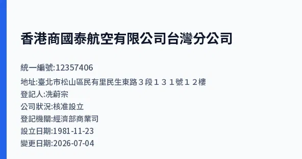 香港商國泰航空有限公司台灣分公司的照片-統編 12357406(臺北市) 公司登記資料與營業項目詳細圖表