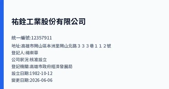 祐銓工業股份有限公司的照片-統編 12357911(高雄市) 公司登記資料與營業項目詳細圖表