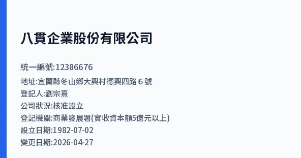 八貫企業股份有限公司的照片-統編 12386676(宜蘭縣) 公司登記資料與營業項目詳細圖表