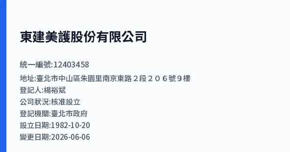 東建美護股份有限公司的照片-統編 12403458(臺北市) 公司登記資料與營業項目詳細圖表