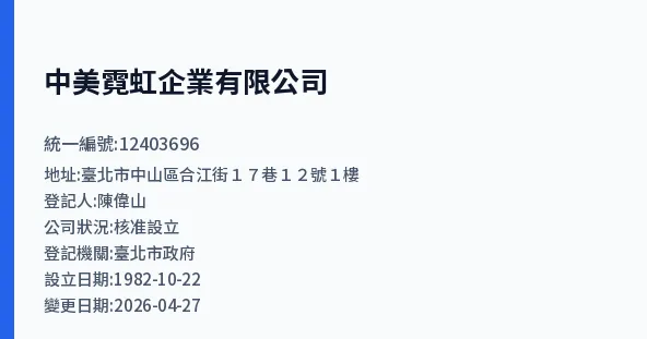 中美霓虹企業有限公司的照片-統編 12403696(臺北市) 公司登記資料與營業項目詳細圖表