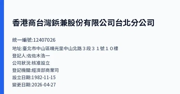 香港商台灣鋲兼股份有限公司台北分公司的照片-統編 12407026(臺北市) 公司登記資料與營業項目詳細圖表