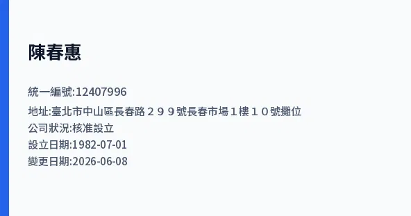 陳春惠的照片-統編 12407996(臺北市) 公司登記資料與營業項目詳細圖表