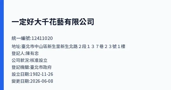 一定好大千花藝有限公司的照片-統編 12411020(臺北市) 公司登記資料與營業項目詳細圖表