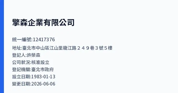 擎森企業有限公司的照片-統編 12417376(臺北市) 公司登記資料與營業項目詳細圖表