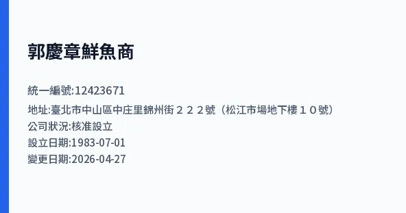 郭慶章鮮魚商的照片-統編 12423671(臺北市) 公司登記資料與營業項目詳細圖表