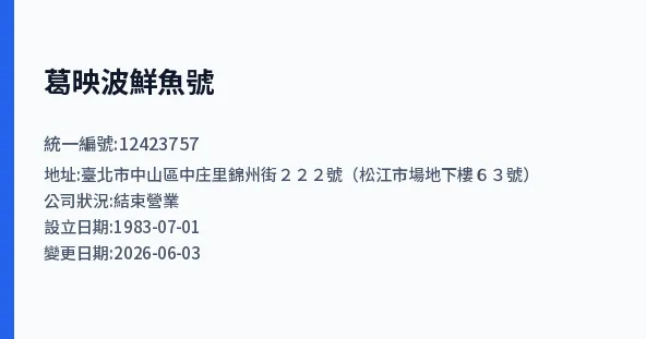 葛映波鮮魚號的照片-統編 12423757(臺北市) 公司登記資料與營業項目詳細圖表