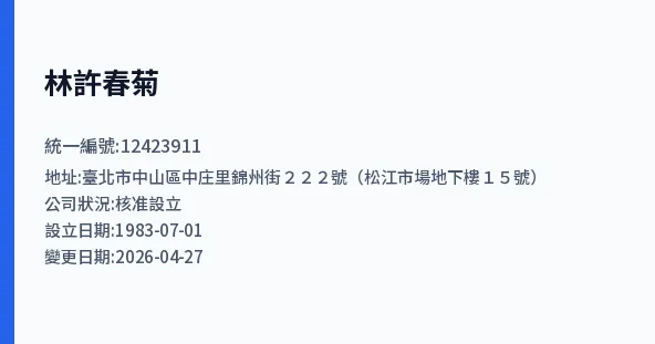 林許春菊的照片-統編 12423911(臺北市) 公司登記資料與營業項目詳細圖表